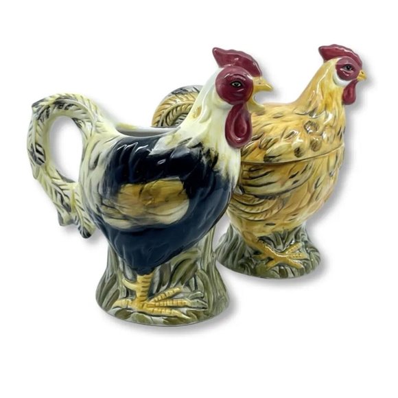 Accents | Calderone Hand Painted Chicken Creamer Sugar Rooster Hen Set ...